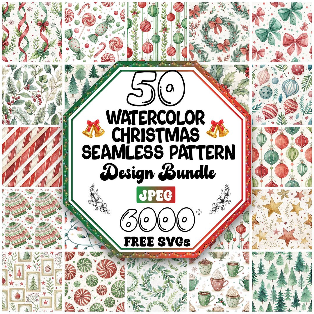 Watercolor Christmas Seamless Pattern Bundle | Printable Paper (digital ...