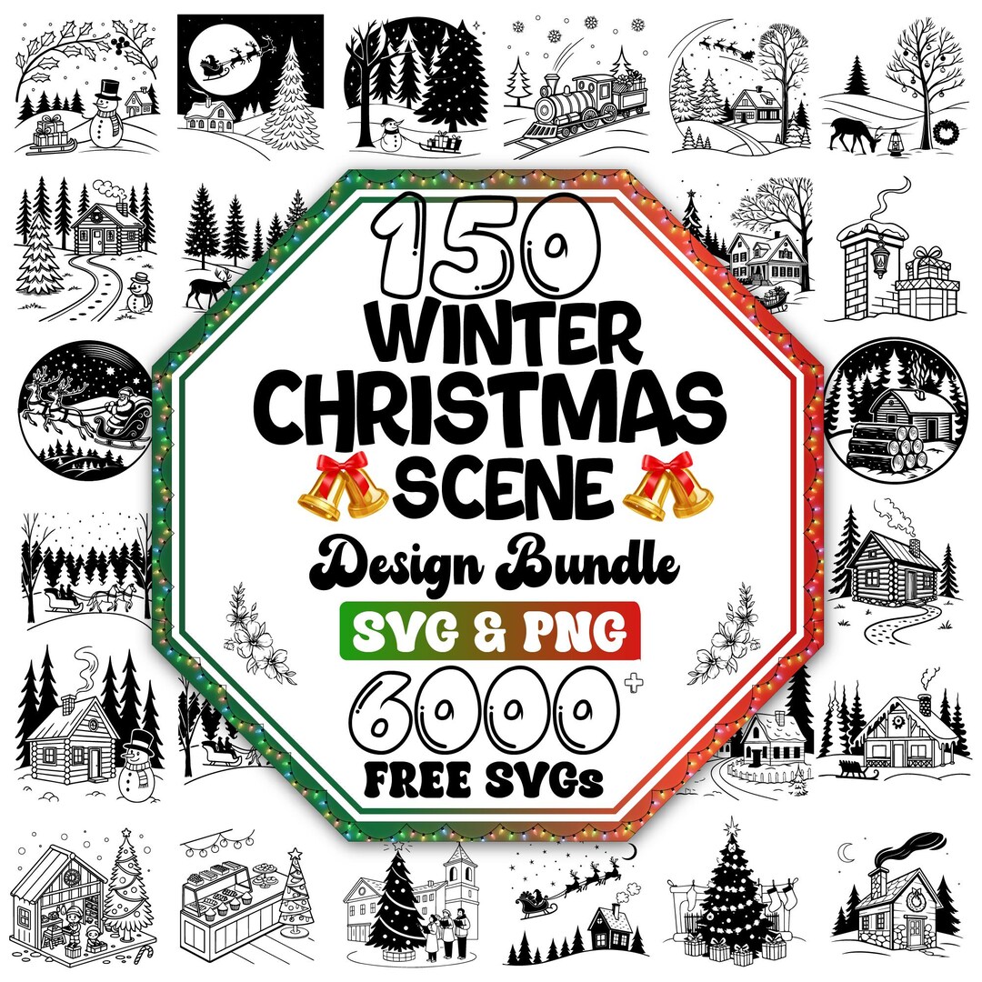 Winter Christmas Scene SVG Bundle: Reindeer, Pine Tree Designs (digital ...