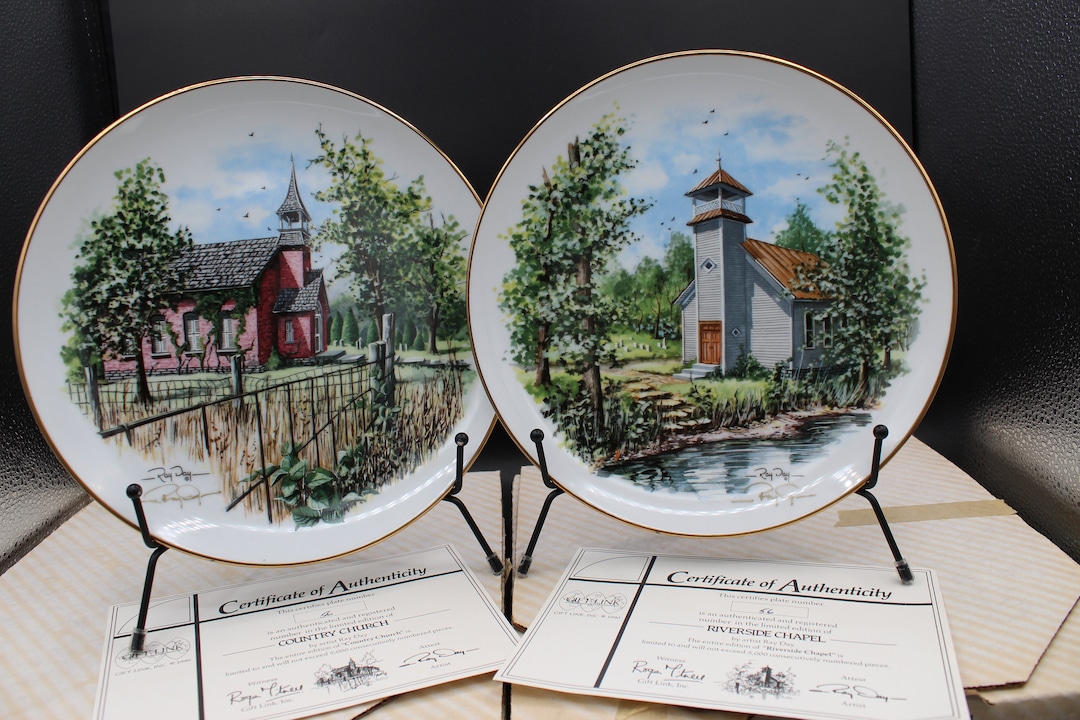 Pair of Vintage Rural Church Collector's Plates by Ray Day Signed in ...