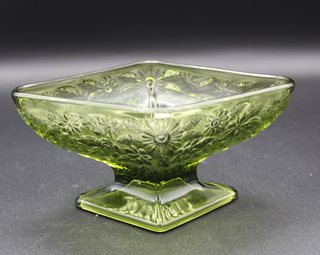 Vintage Indiana Colonial Green Glass Pedestal Dish, Floral Pineapple ...