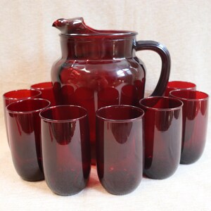 Vintage Anchor Hocking Royal Ruby 80 Ounce Pitcher & 8 Royal Ruby Roly ...