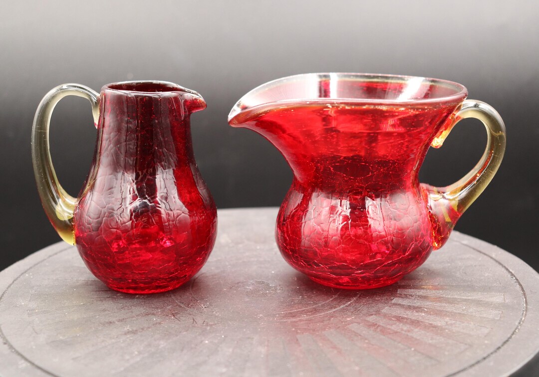 2 Vintage Blown Glass Red Crackle Glass With Yellow Glass Handle Mini ...