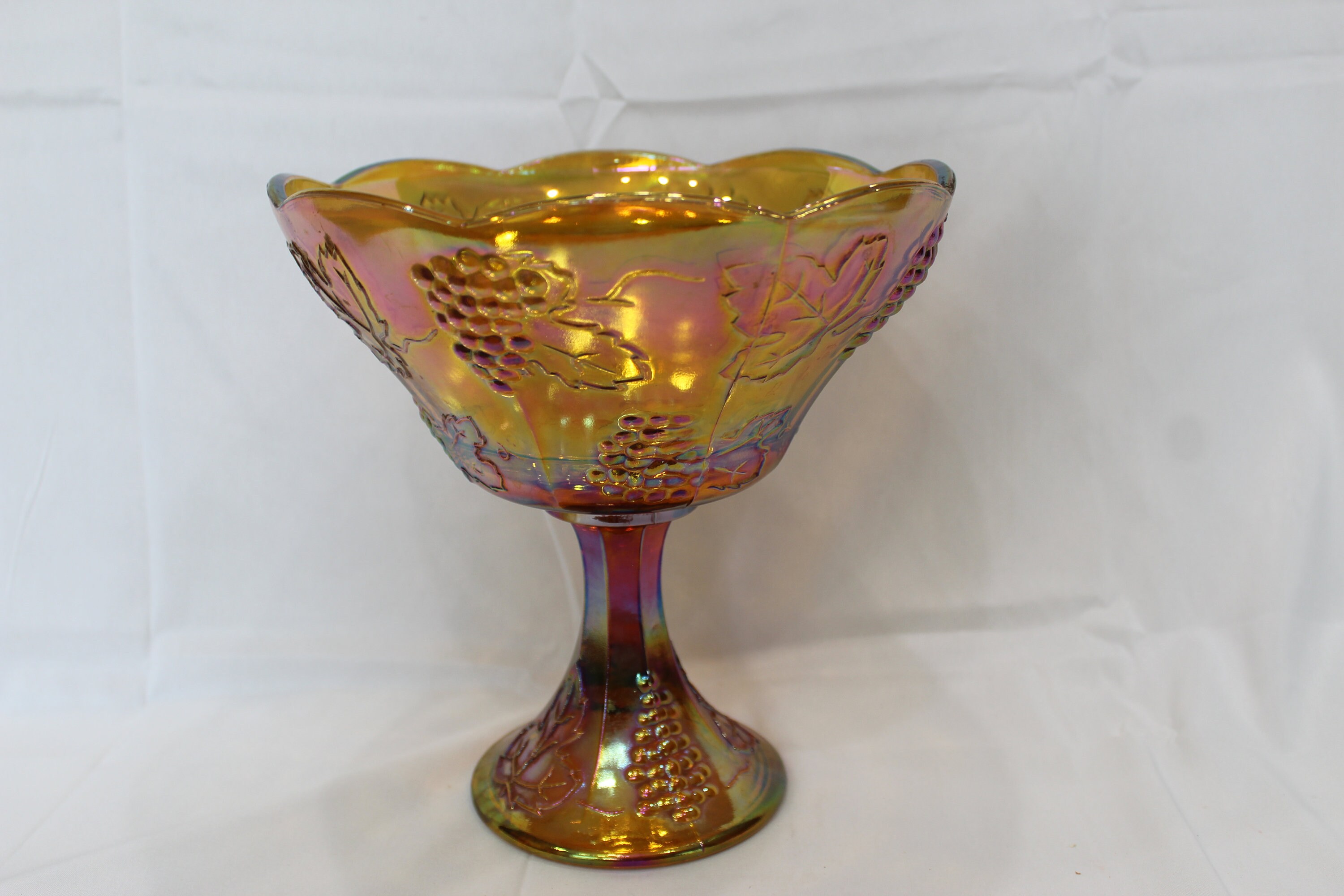 Vintage Indiana Marigold Carnival Glass Harvest Grape Pedestal Compote ...