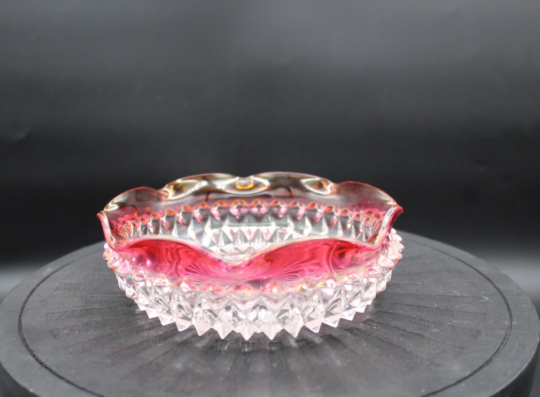 Vintage Indiana Glass Diamond Point Crystal With Ruby Stain Crimped ...