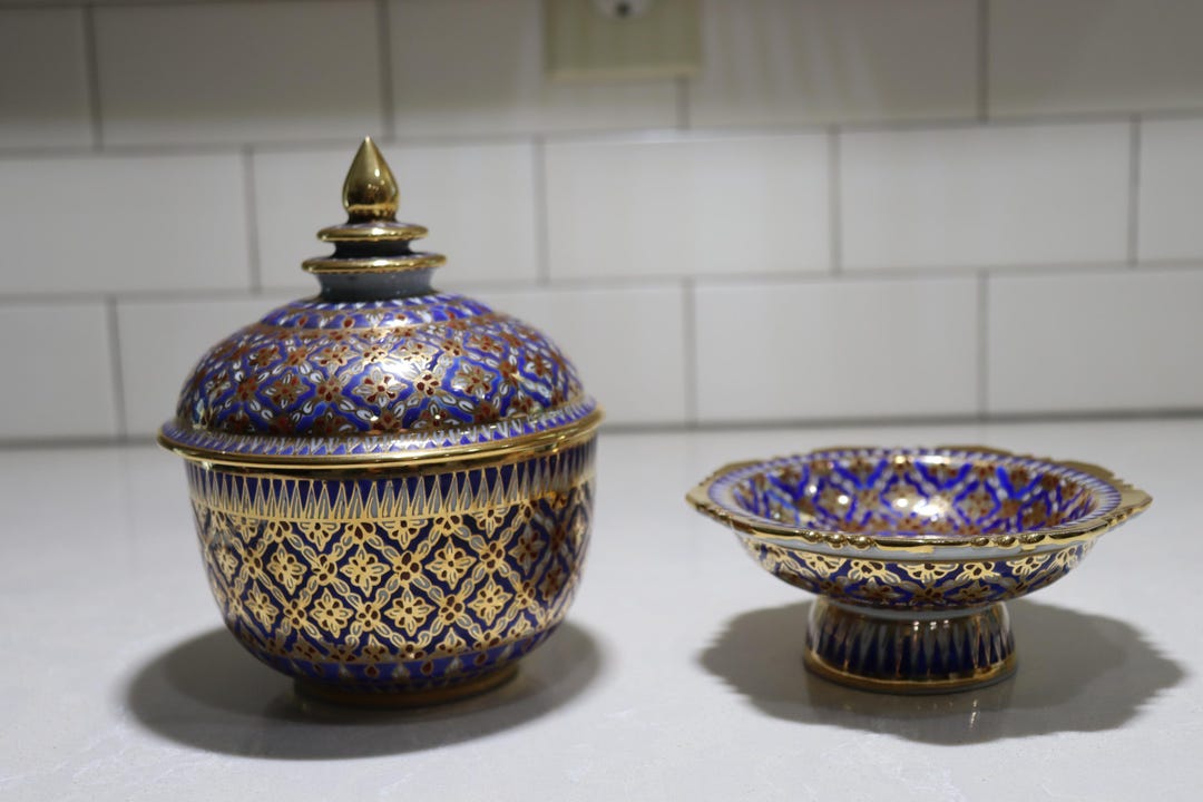 Vintage Benjarong Hand Painted Porcelain Lidded Bowl and Footed Dish ...