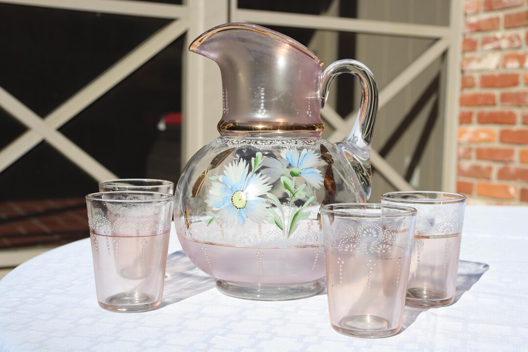 Antique Victorian Era Hand Painted Pitcher Set (5 Pieces Total) *see ...
