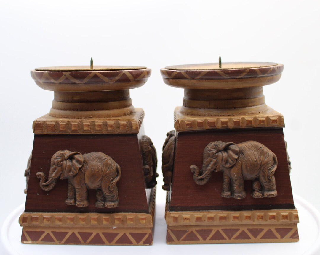 Wooden Elephant Pillar Candle Holders Set of 2 Vintage - Etsy