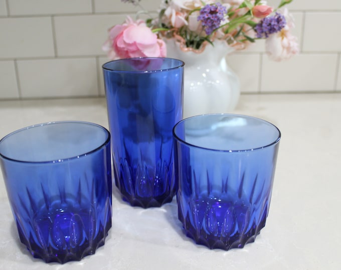 Vintage Luminarc Cobalt Blue Glassware – Low Ball & Water Tumbler, Set ...
