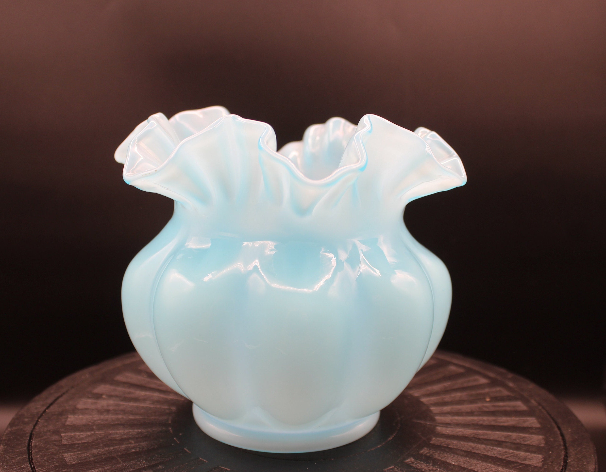 Vintage Fenton Blue Overlay Melon Vase Blown Glass Double Crimped ...