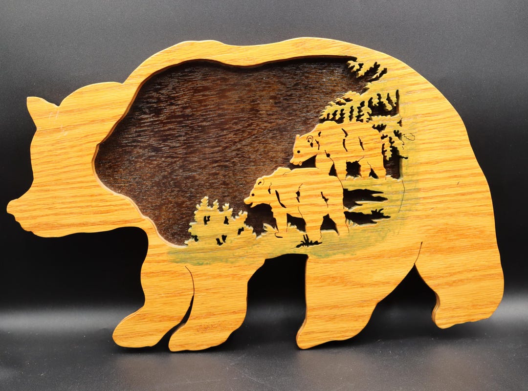 Vintage Handcrafted Laminated Wood Scroll Saw Art Bears in the Forest ...