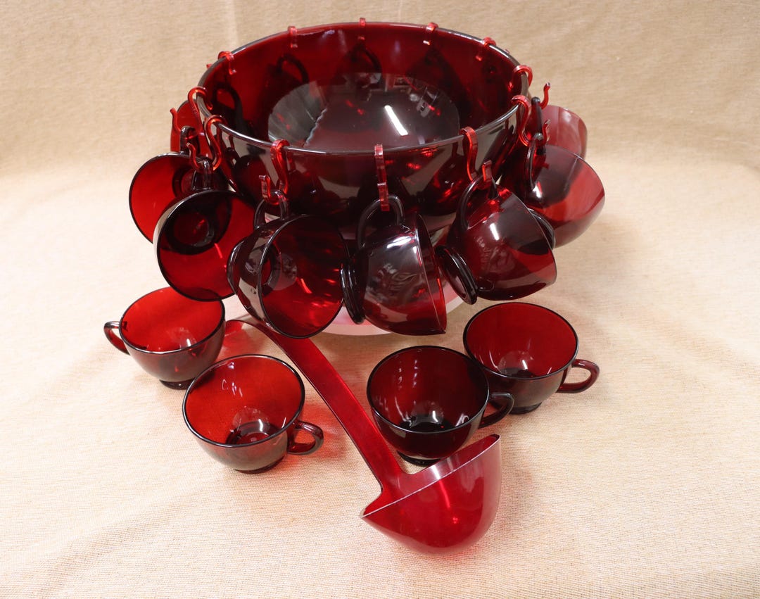 Vintage Anchor Hocking Ruby Red Punch Bowl W/ Detached Pedestal Base ...