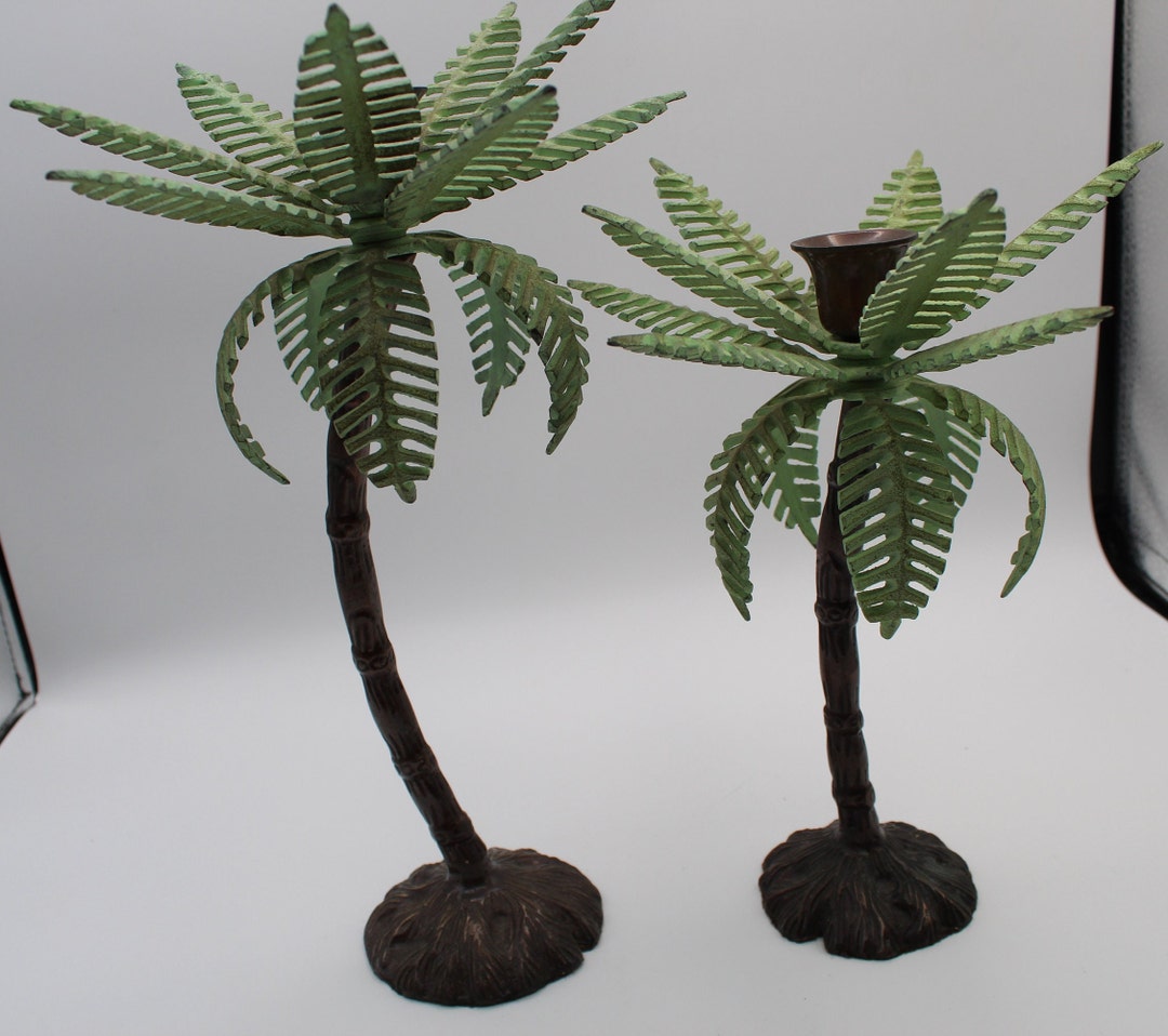 Palm Tree Metal Candle Holders Set of 2 Vintage - Etsy