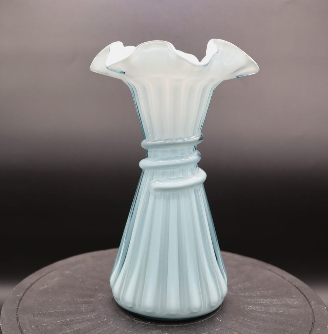 Vintage Fenton Federal Blue Overlay Cased Glass 7 3/4 Wheat Vase Double ...