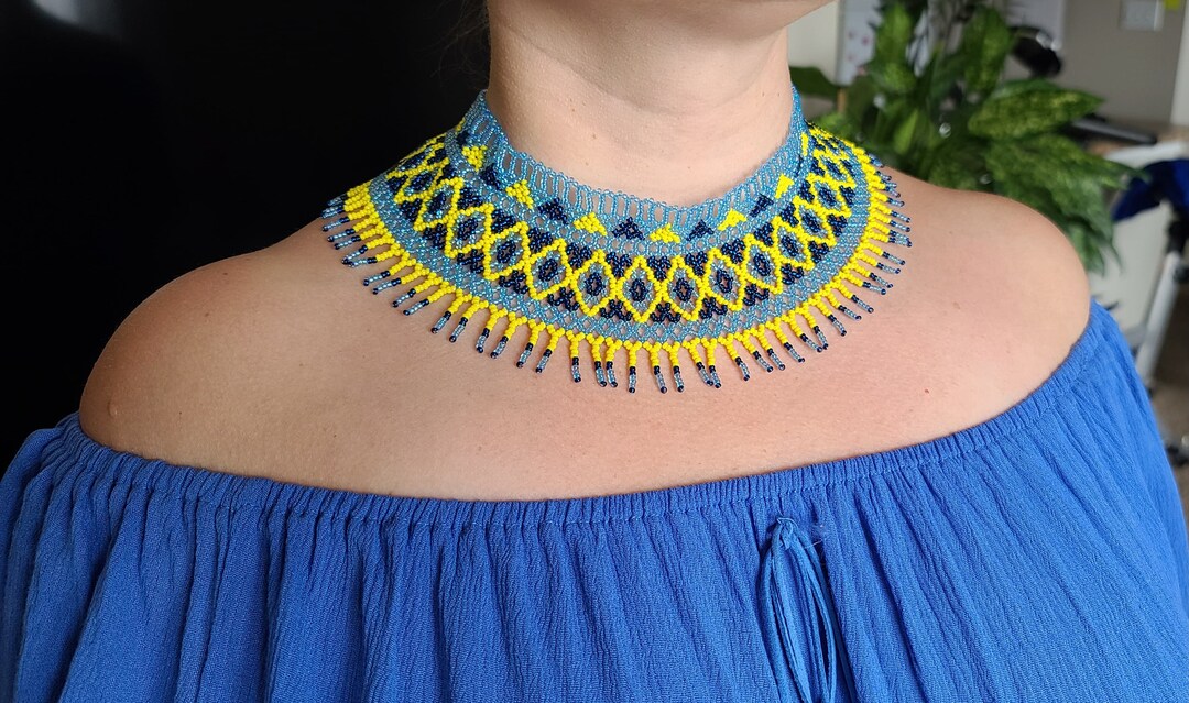 Wide Seed Bead Collar, Beadwork Jewelry Necklace, Blue and Yellow ...