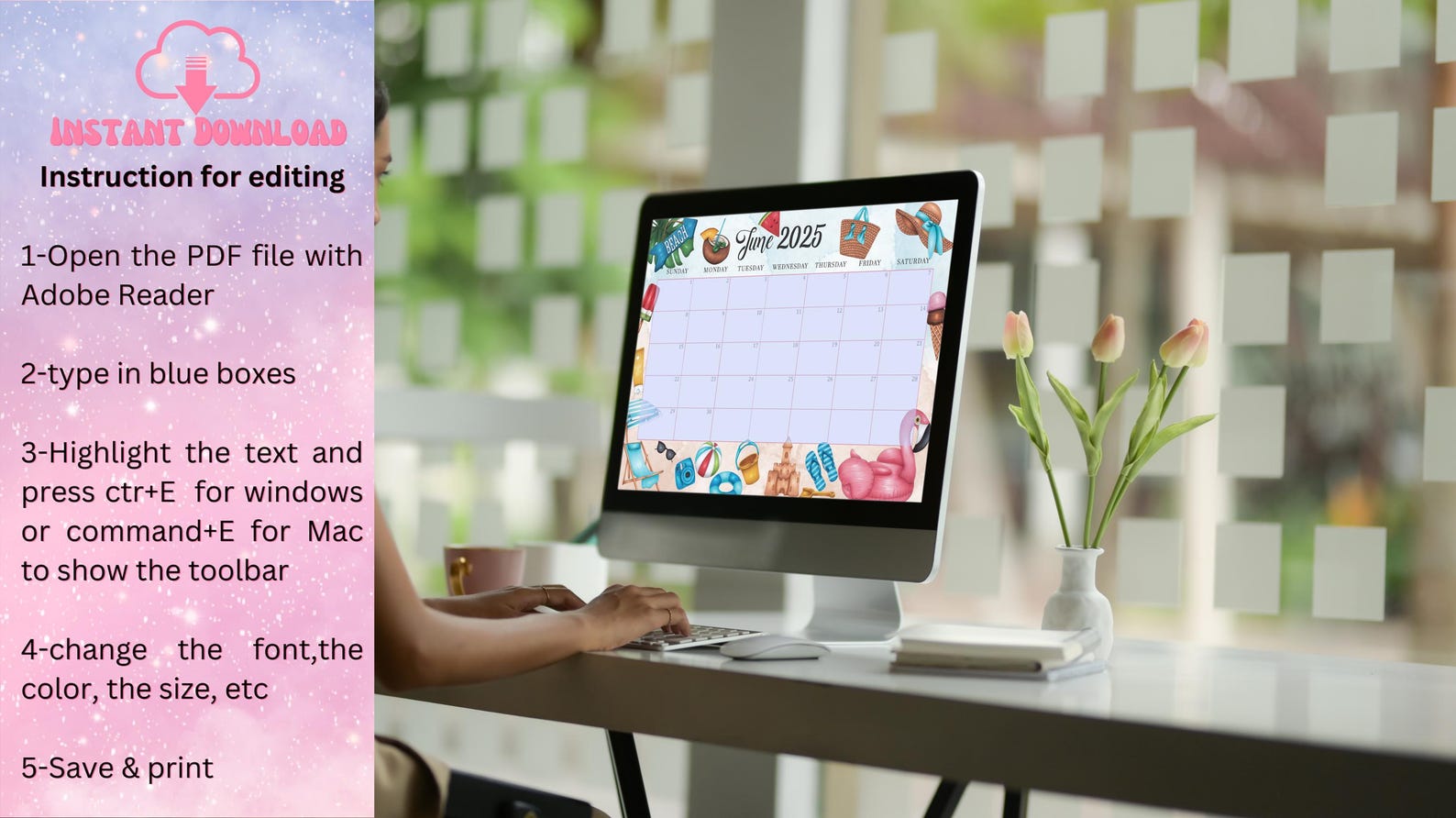 EDITABLE June Calendar, Summer at the Beach With Cute Sun and Fresh ...