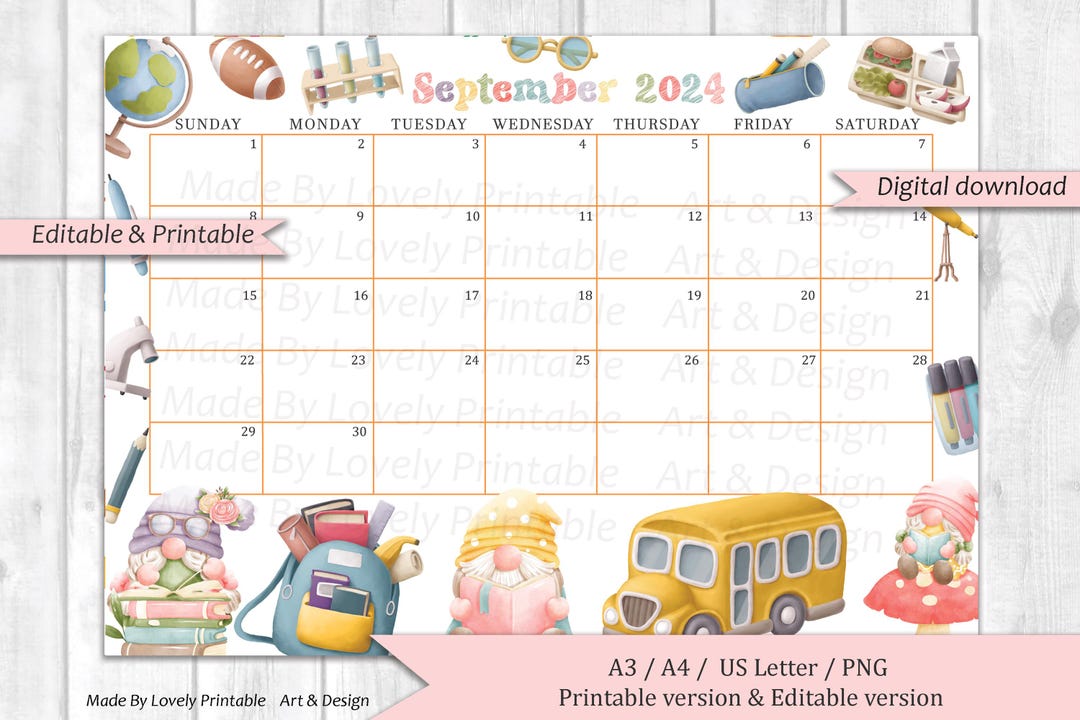 EDITABLE September 2024 Calendar, Gnomes Cute Back to School, Calendar ...