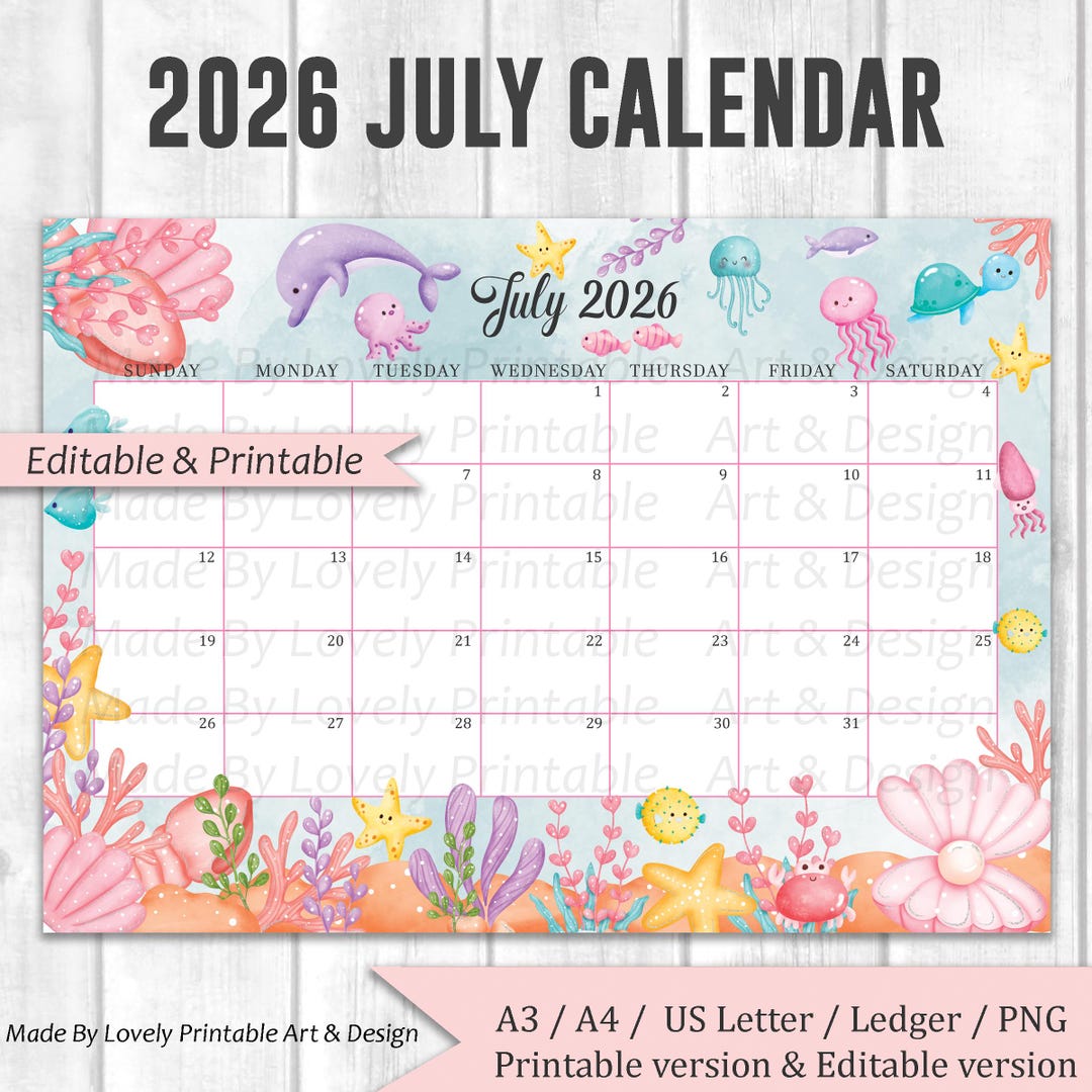 EDITABLE July Calendar, Summer Beach, Joyful & Colorful Summer at the ...