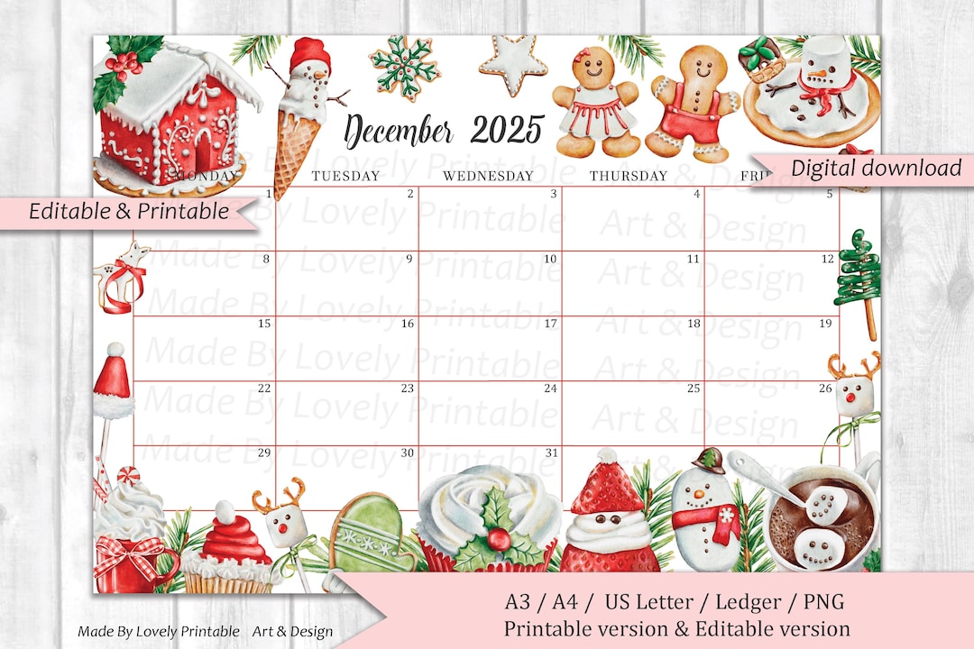 EDITABLE December 2025 Calendar, Christmas Sweets & Drinks, (mon-fri ...