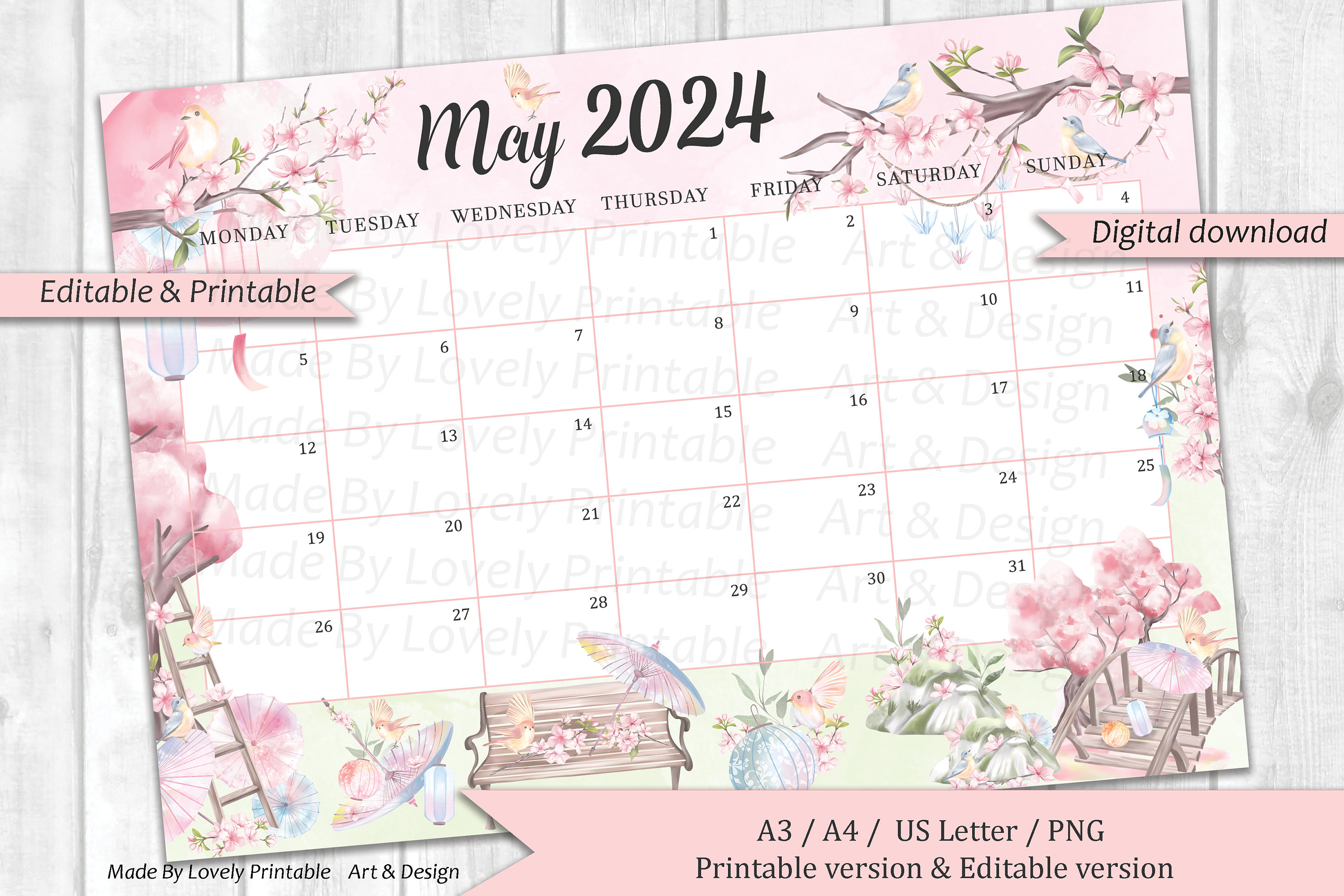 EDITABLE May 2024 Calendar, Happy Spring in Japanese Style, Mother's ...