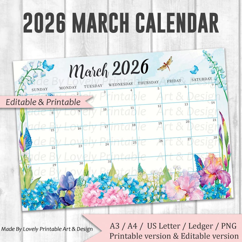 EDITABLE March 2026 Calendar, Watercolor Spring Flowers, Garden Scenery ...