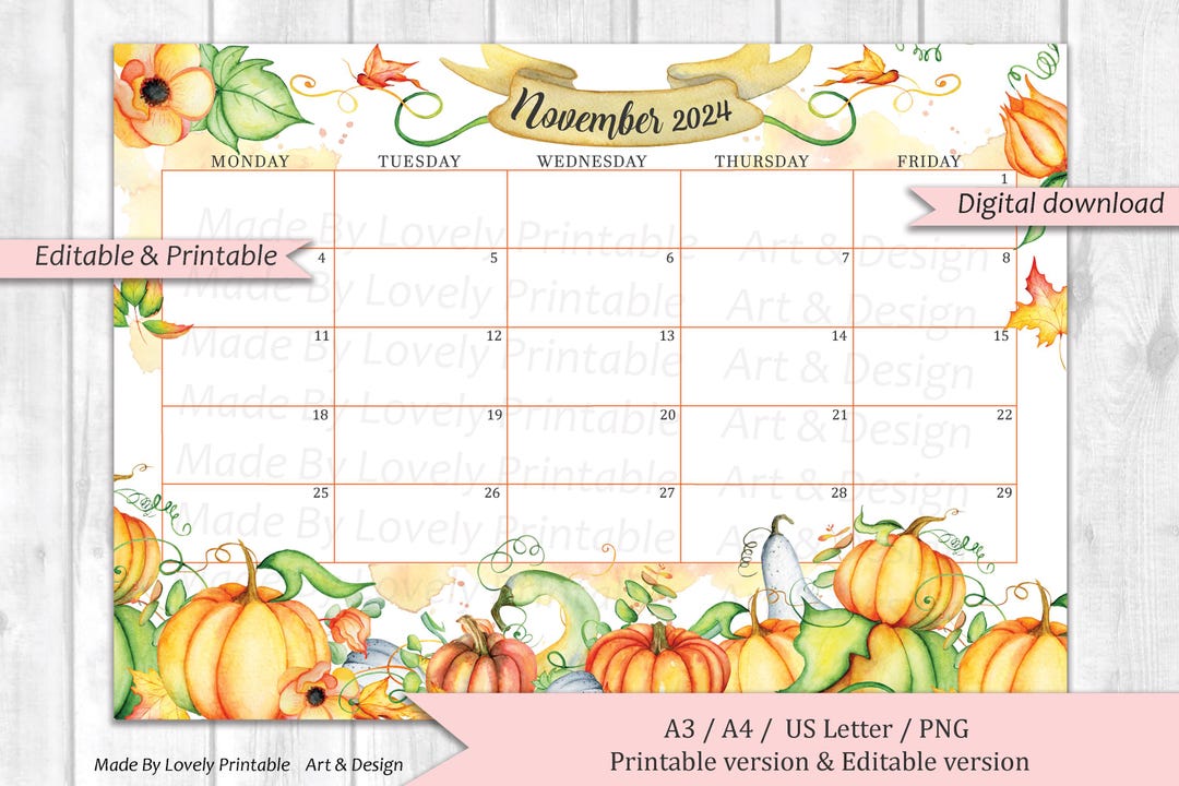 EDITABLE November 2024 Calendar, Happy Thanksgiving Pumpkins Watercolor ...