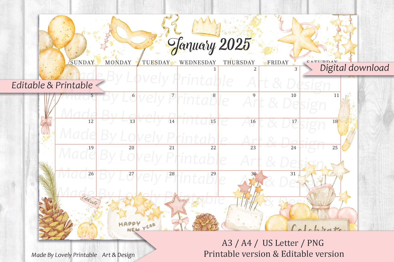 EDITABLE January 2025 Calendar, New Year Celebration, Kids School ...