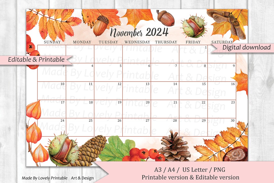 EDITABLE November 2024 Calendar, Watercolor Thanksgiving Day, Autumn ...