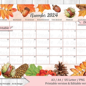 EDITABLE November 2024 Calendar, Watercolor Thanksgiving Day, Autumn ...
