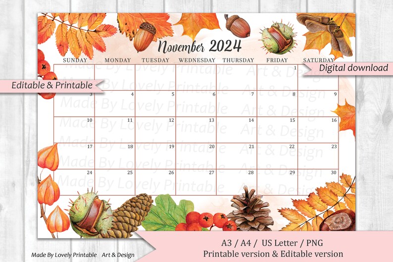EDITABLE November 2024 Calendar, Watercolor Thanksgiving Day, Autumn ...
