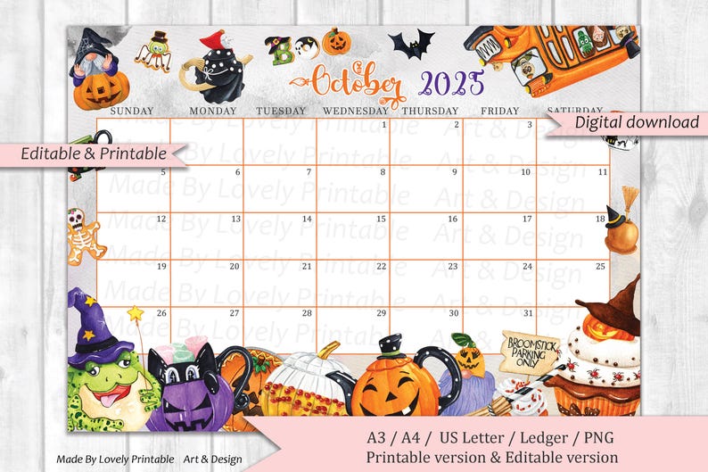 EDITABLE October 2025 Calendar, Happy Spooky Halloween Planner ...