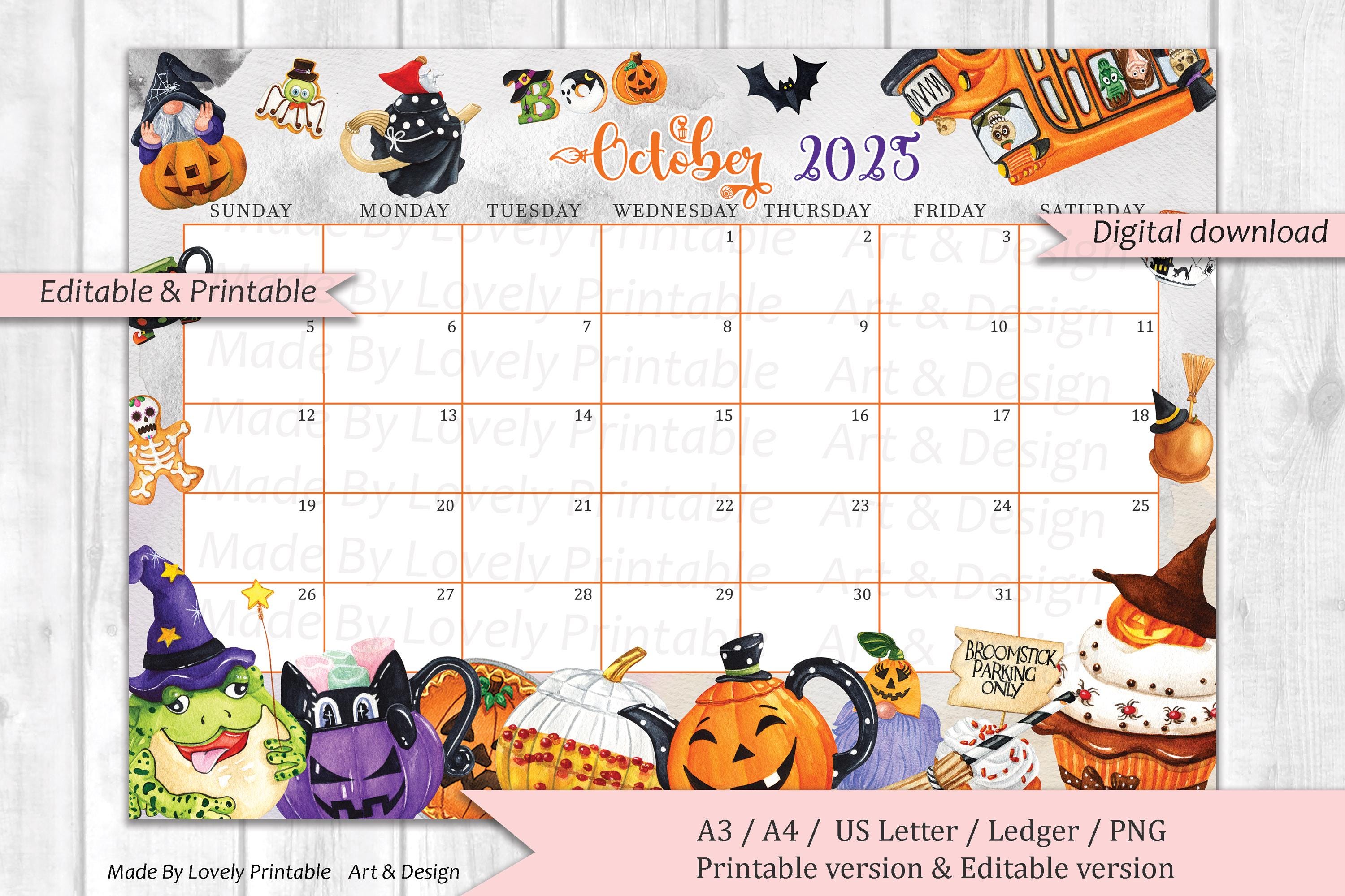 EDITABLE October 2025 Calendar, Happy Spooky Halloween Planner ...