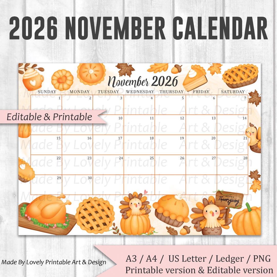 Calendario de noviembre de 2026 editable, Día de Acción de Gracias en ...