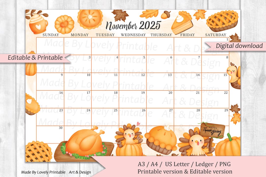 EDITABLE November 2025 Calendar, Watercolor Thanksgiving Day, Cute ...