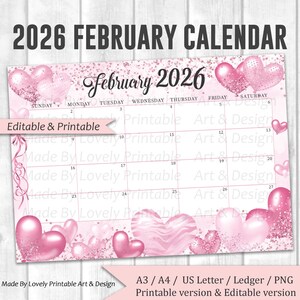 EDITABLE February 2026 Calendar, Happy Valentine With Lovely Heart ...