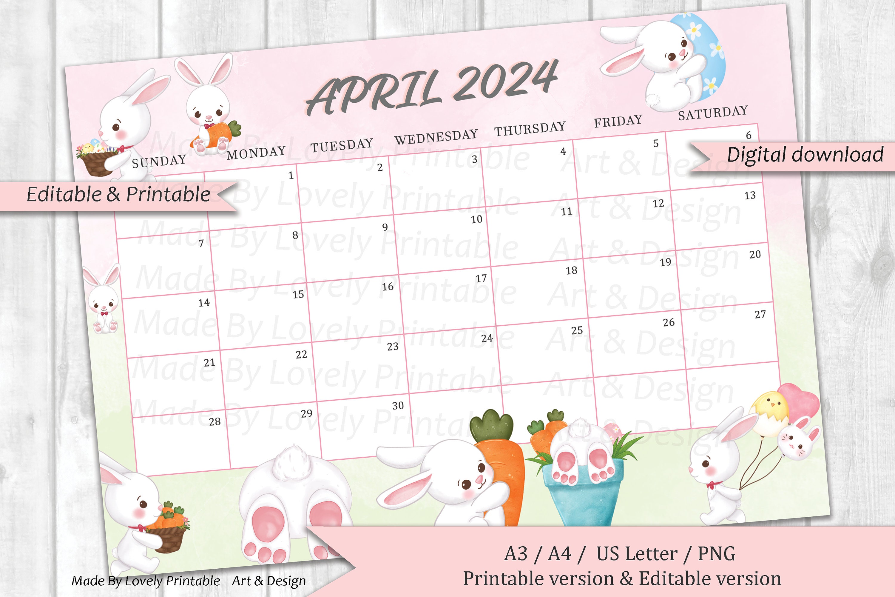 EDITABLE April 2024 Calendar, Happy Easter Day With Cute Bunnies ...