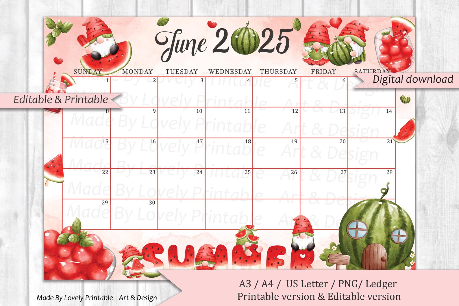 EDITABLE June 2025 Calendar, Delicious Watermelon Calendar, Summer ...