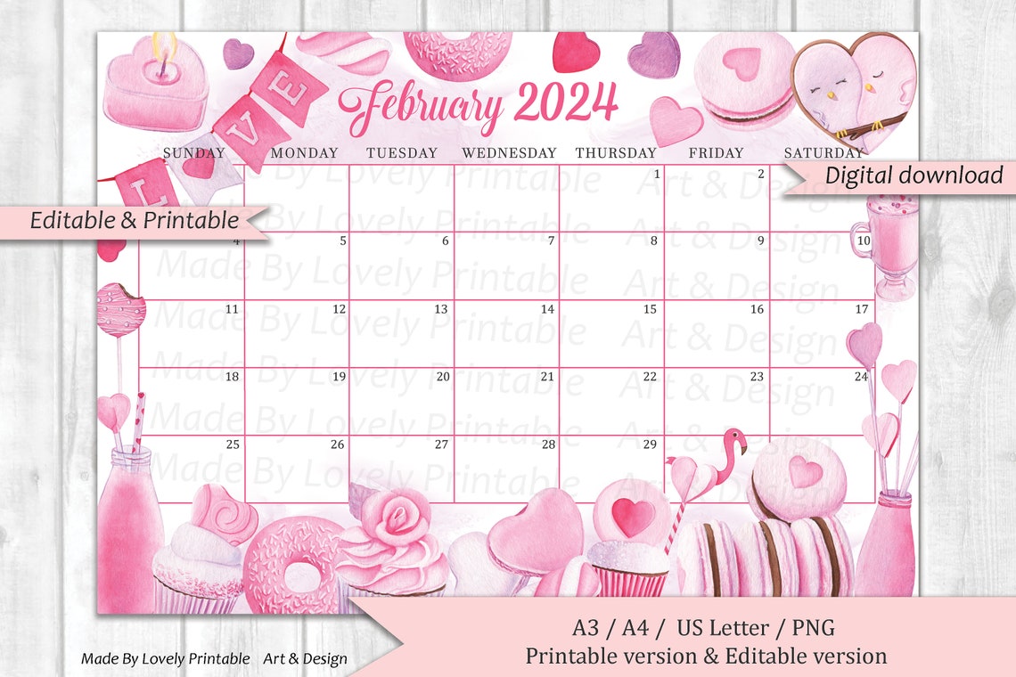 EDITABLE February 2024 Calendar, Happy Valentine, Sweet Treats & Coffee ...