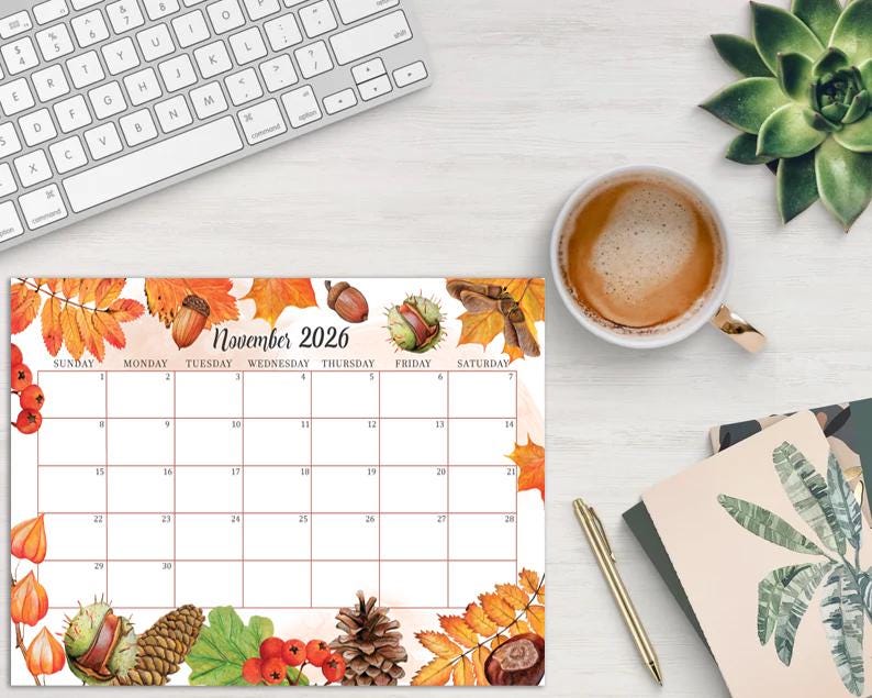 EDITABLE November 2026 Calendar, Watercolor Forest Autumn, Fall Autumn ...