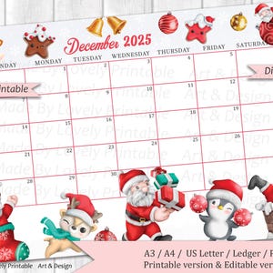 EDITABLE December Calendar, Funny Christmas, Santa & Deer and Pinguin ...