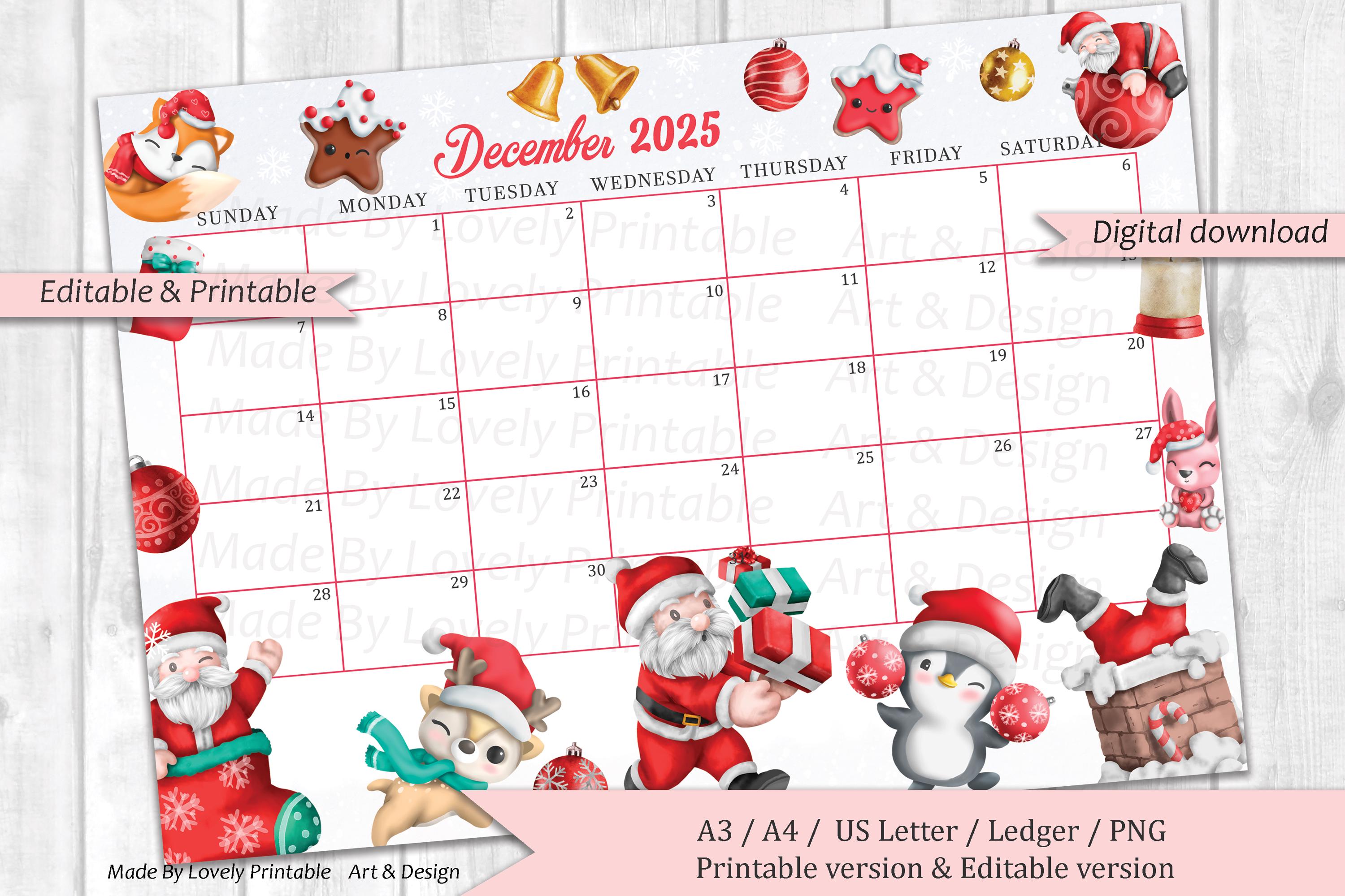 EDITABLE December Calendar, Funny Christmas, Santa & Deer and Pinguin ...