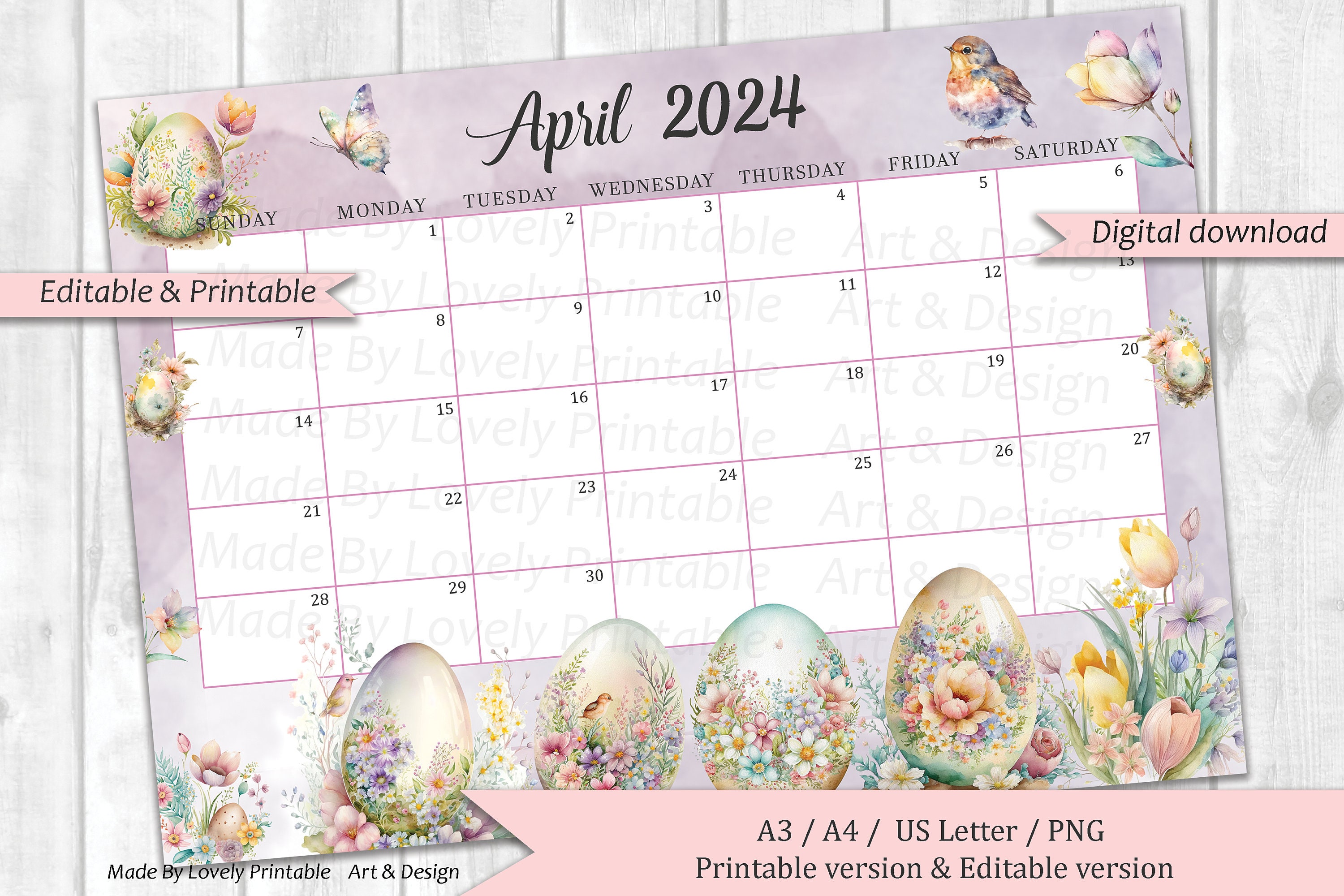 EDITABLE April 2024 Calendar, Monthly Planner, Happy Easter Day ...