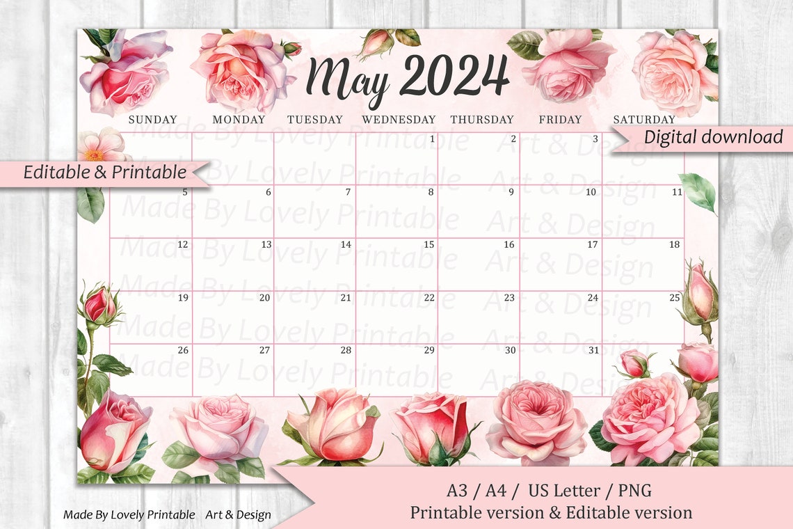 EDITABLE May 2024 Calendar, Roses and Peonies, Spring Vibe, Mother's ...