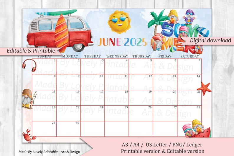 EDITABLE June 2025 Calendar, Watercolor Hello Summer With Gnome and ...