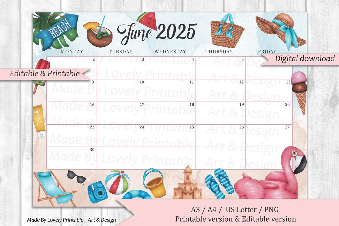 EDITABLE June 2025 Calendar, Watercolor Summer With Beach, Cute Sun and ...