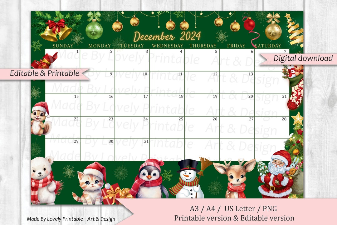 EDITABLE December 2024 Calendar, Joyful Merry Christmas, Printable ...