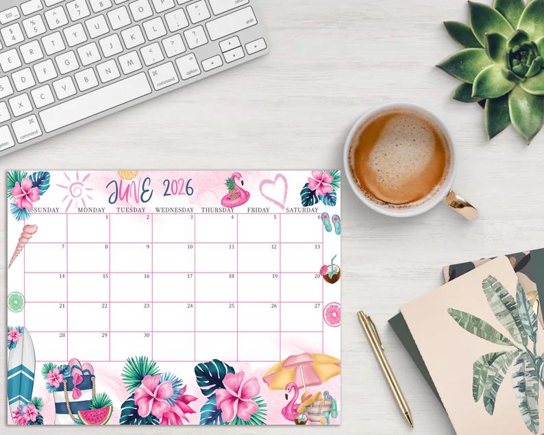 EDITABLE June Calendar, Summer at the Beach, Sun and Beach, Calendar ...