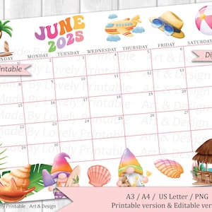 EDITABLE June Calendar, Hello Summer With Cute Gnome, Colorful Summer ...
