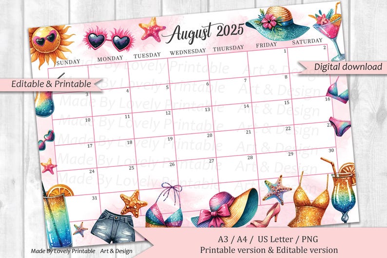 EDITABLE August Calendar, Summer at the Beach, Cute Sun and Fresh Fruit ...