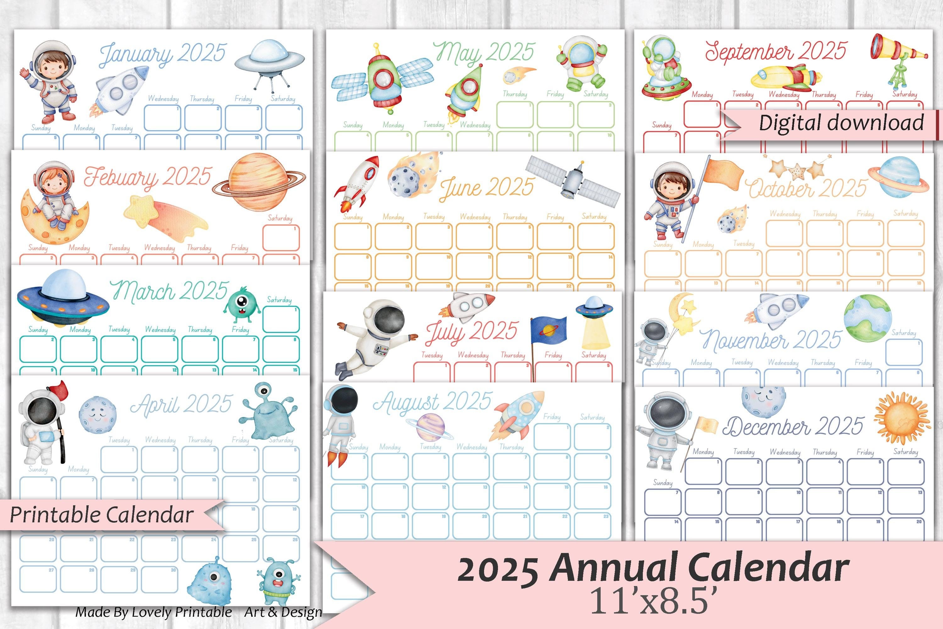 2025 Kids Calendars, Printable Calendar, Printable Kids Calendars, Cute ...