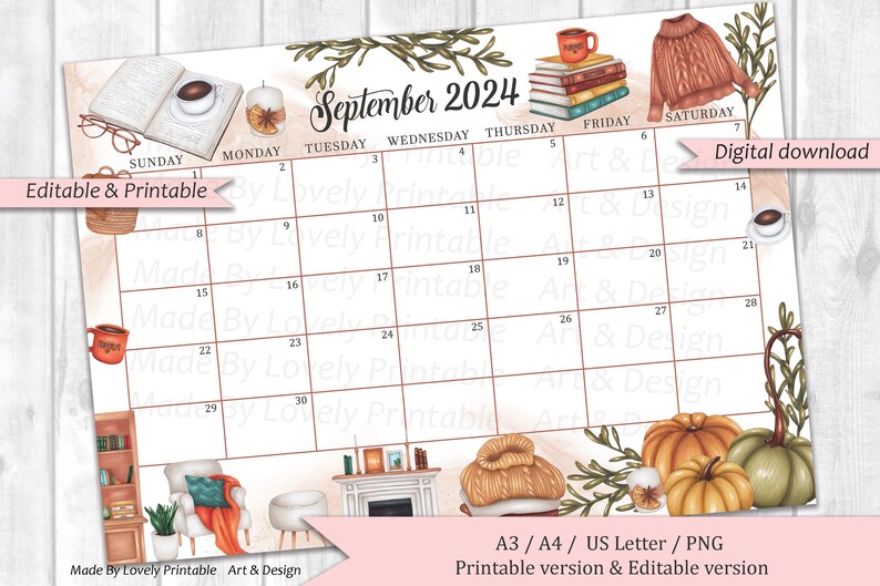 EDITABLE September 2024 Calendar, Cozy Autumn Mood, Beautiful Fall ...